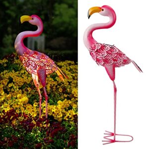 glintoper solar flamingo outdoor garden statues, pink flamingo metal figurine lights, solar powered decorative birds yard sculptures art for landscape patio yard walkway pathway lawn