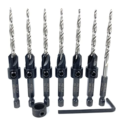 FTG USA Countersink Drill Bit Set 6 Pc #8(11/64") Wood Countersink Drill Bit, Pro Pack Countersink Bit, 1 Extra Tapered Drill Bit, 1 Stop Collar, 1 Hex Wrench, and 6 Pcs #8 (11/64") Replacement Drill