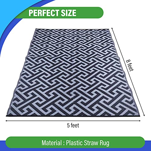 Latest Sense Outdoor Plastic Straw Rug 5x8ft – Outdoor Patio Rug Camping Mat – Durable Waterproof Black and Gray Outdoor Rug – Outside Rug Ideal for Patio, Deck, Beach, Garden, RV