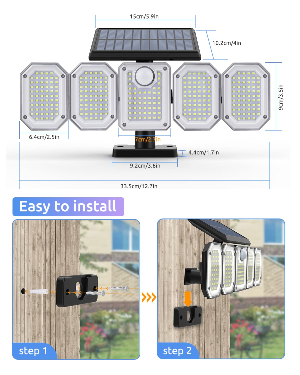 OTDLIGHT Solar Outdoor Lights, 300LED 2700LM 5 Heads Solar Powered Motion Sensor LED Security Light with Remote Control, IP65 Waterproof Floodlight, 360°Beam Angle Wall Lights for Garden Driveway