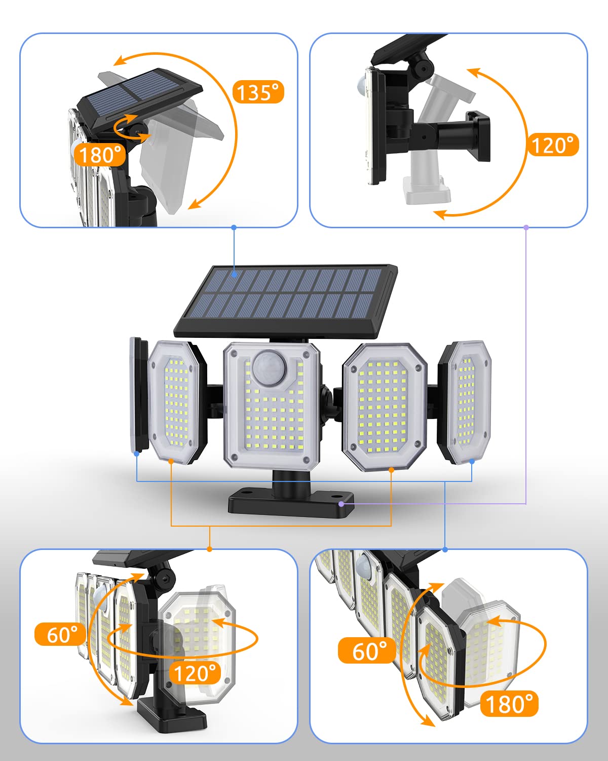 OTDLIGHT Solar Outdoor Lights, 300LED 2700LM 5 Heads Solar Powered Motion Sensor LED Security Light with Remote Control, IP65 Waterproof Floodlight, 360°Beam Angle Wall Lights for Garden Driveway