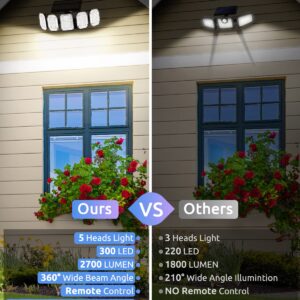 OTDLIGHT Solar Outdoor Lights, 300LED 2700LM 5 Heads Solar Powered Motion Sensor LED Security Light with Remote Control, IP65 Waterproof Floodlight, 360°Beam Angle Wall Lights for Garden Driveway