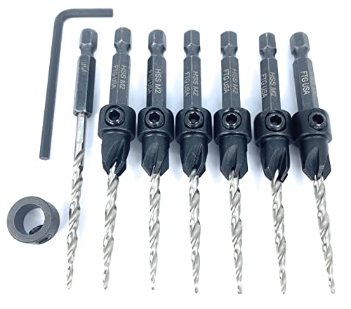 FTG USA Countersink Drill Bit Set 6 Pc #6(9/64") Wood Countersink Drill Bit, Pro Pack Countersink Bit, 1 Extra Tapered Drill Bit, 1 Stop Collar, 1 Hex Wrench and 3 Replacement Tapered Bits 9/64"