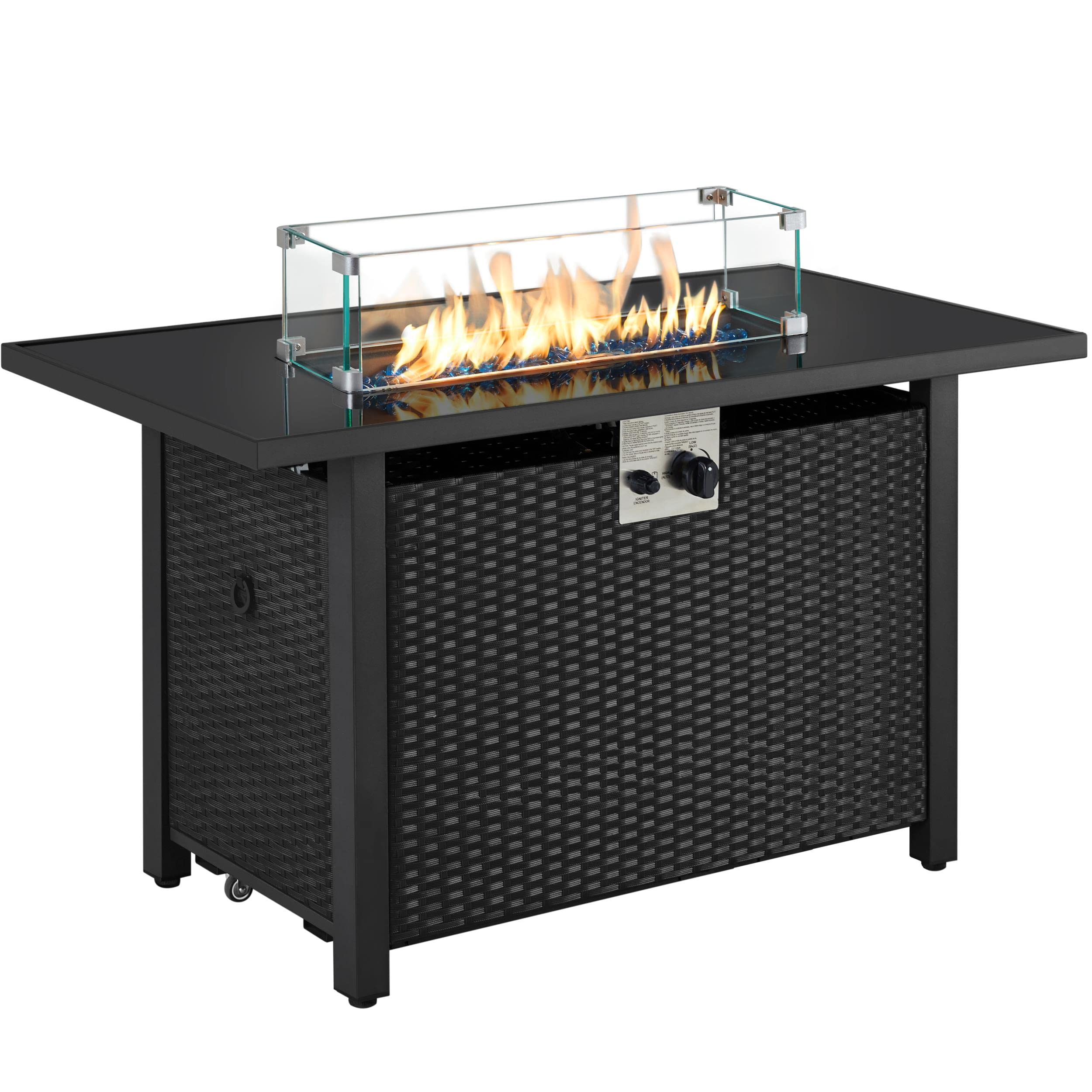 Yaheetech 43 inch 50,000 BTU Outdoor Propane Gas Fire Pit Table with Glass Wind Guard, Tempered Glass Tabletop, Rattan Wicker Base and Rain Cover, Rectangle Gas Firepits w/Blue Glass Stones, Black