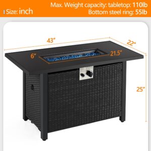 Yaheetech 43 inch 50,000 BTU Outdoor Propane Gas Fire Pit Table with Glass Wind Guard, Tempered Glass Tabletop, Rattan Wicker Base and Rain Cover, Rectangle Gas Firepits w/Blue Glass Stones, Black