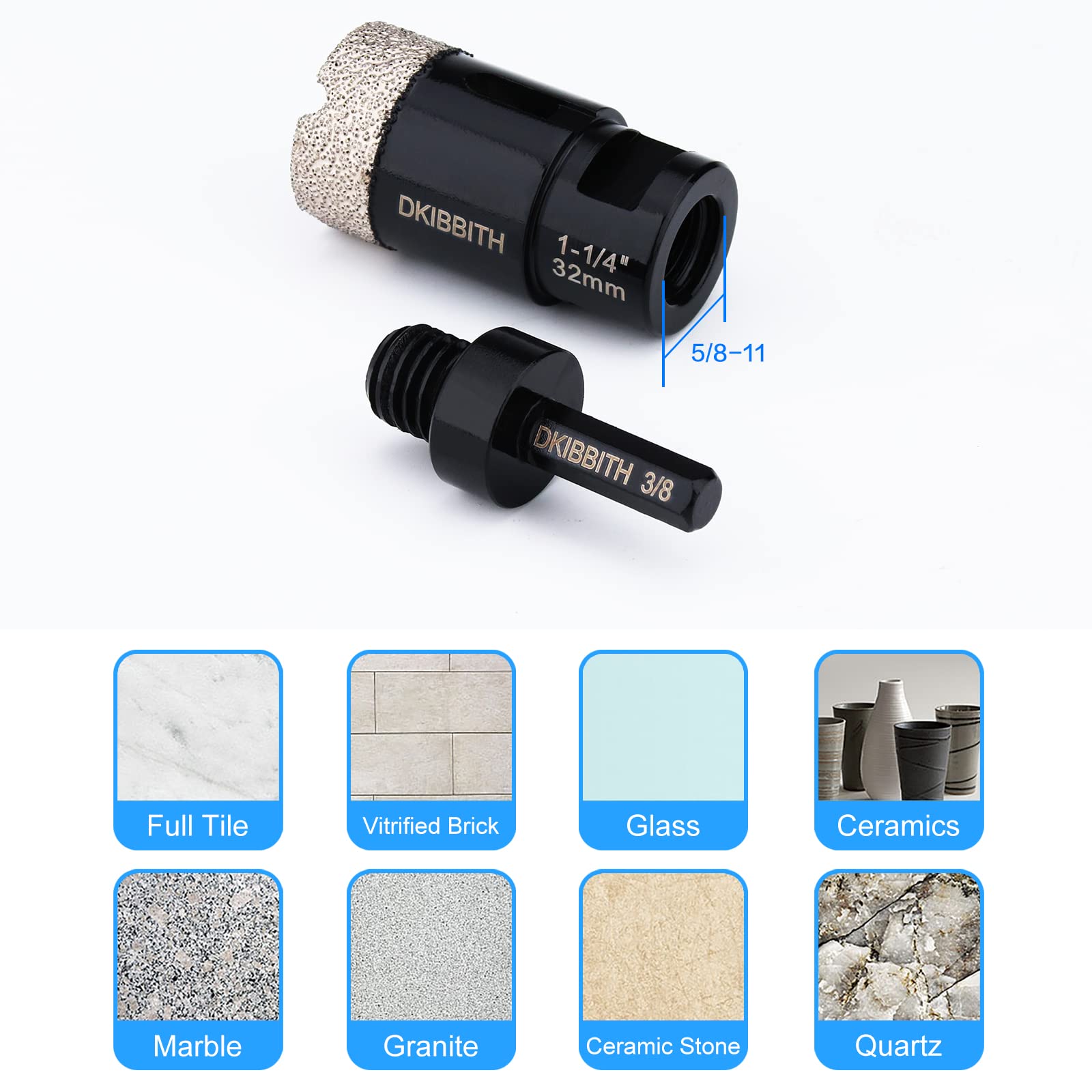 Dry Diamond Core Drill Bits 1-1/4 Inch (32mm) Tile Hole Saws for Porcelain Ceramic Tile Granite Marble Stone Brick Vacuum Brazed Hole Saw with 5/8-11 Thread and 3/8inch Hex Shank Adapter