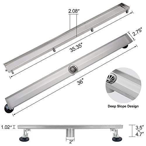 Linear Shower Drain 36 Inch with 2-in-1 Flat & Tile Insert Cover, Modbath Rectangle Shower Floor Drain with Adjustable Leveling Feet and High Flow Filter, SUS304 Stainless Steel Brushed Nickel