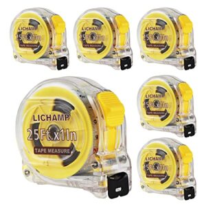 lichamp 25ft/7.5m sae and metric tape measure 6 pack, retractable and easy read measuring tape bulk set, min 1/8 inch fraction and 1mm scale, crystal case e6tp