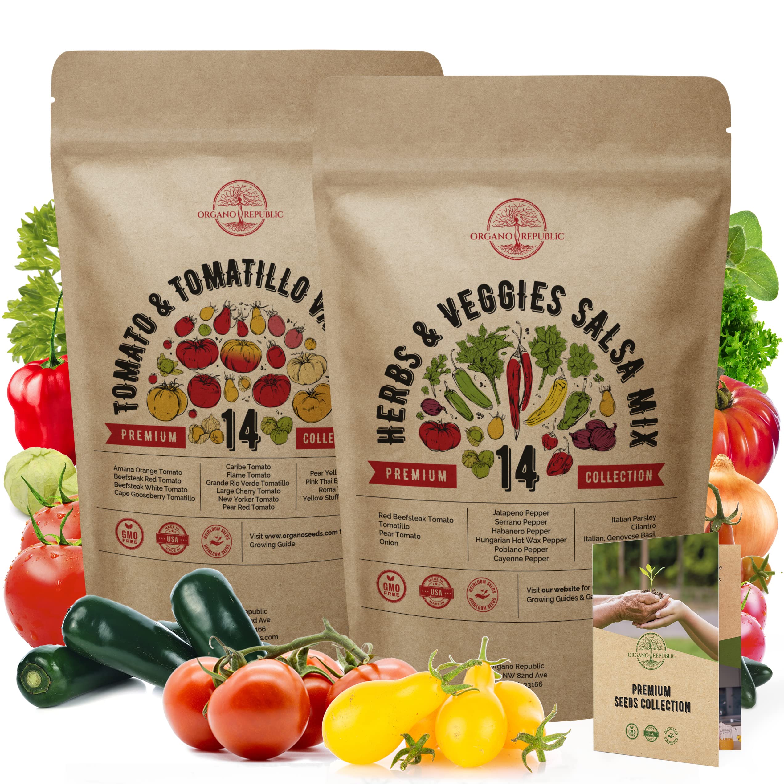 Organo Republic 14 Rare Tomato & Tomatillo and 14 Herb, Tomato & Chili Pepper Seeds Bundle Non-GMO Heirloom Seeds for Indoor and Outdoor Over 3000 Salsa & Tomato Seeds in One Value Bundle