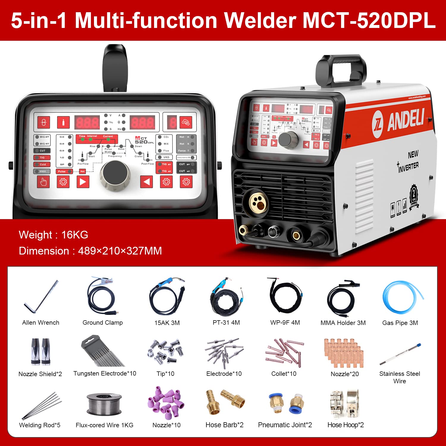 ANDELI 220V MCT-520DPL MIG TIG CUT COLD & MMA Welding and Flux Welding without Gas 5 in 1 Multiprocess Welder MIG Welding Machine (MIG TIG CUT & MMA SUIT)