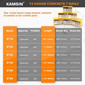 KAMSIN ST18 14 Gauge Concrete T Nails, 3/4'' (18MM) Length Collated Concrete T Nails, Galvanzied, 800 PCS/BOX, Fasteners for Pneumatic Concrete T Nailer, Air T Nail Gun