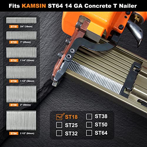 KAMSIN ST18 14 Gauge Concrete T Nails, 3/4'' (18MM) Length Collated Concrete T Nails, Galvanzied, 800 PCS/BOX, Fasteners for Pneumatic Concrete T Nailer, Air T Nail Gun