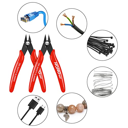 HongWay 5pcs Wire Cutters, Micro Flush Cutters with Spring, Wire Cutting Pliers, Wire Snips for Electronics Soft Copper Jewelry Making, 5-inches, Red