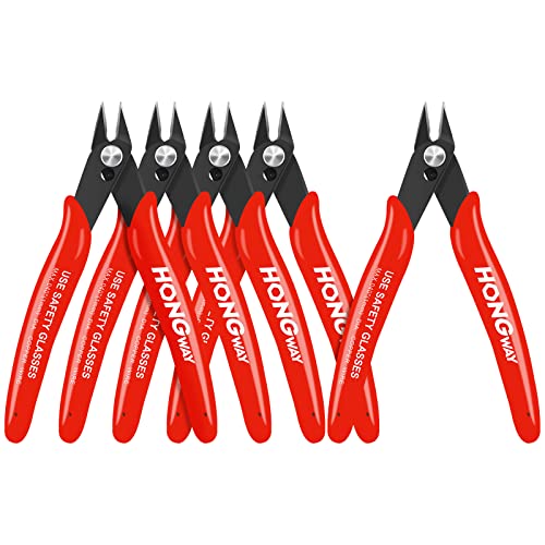 HongWay 5pcs Wire Cutters, Micro Flush Cutters with Spring, Wire Cutting Pliers, Wire Snips for Electronics Soft Copper Jewelry Making, 5-inches, Red