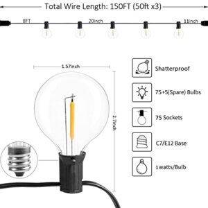 GHUSTAR 150FT Outdoor LED String Lights, G40 Patio Lights with 75pcs Bulbs 1W, Waterproof Shatterproof Dimmable Globe Outside Hanging Lights for Backyard, Cafe & Bistro