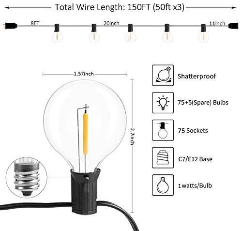 GHUSTAR 150FT Outdoor LED String Lights, G40 Patio Lights with 75pcs Bulbs 1W, Waterproof Shatterproof Dimmable Globe Outside Hanging Lights for Backyard, Cafe & Bistro