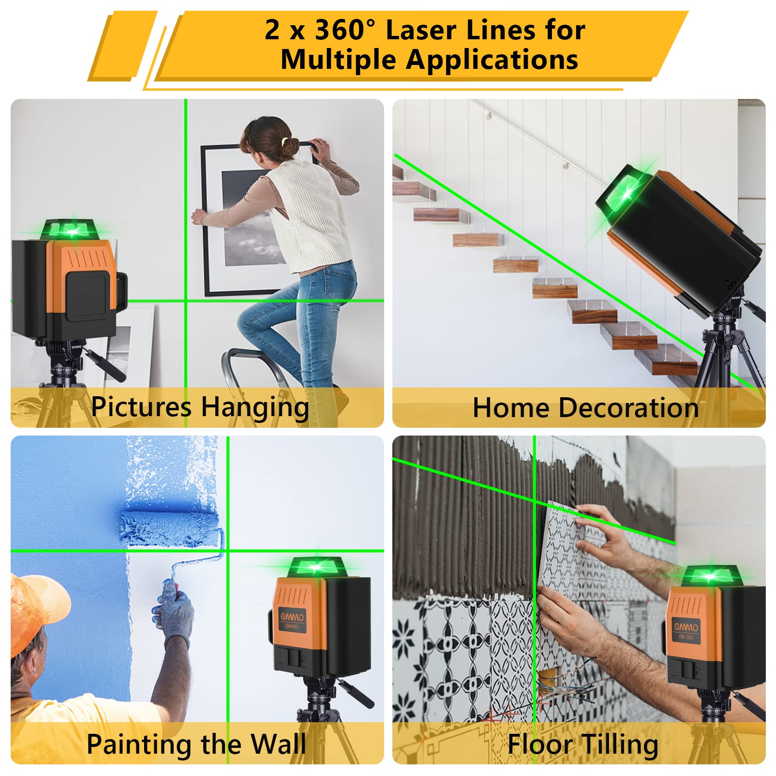 OMMO Laser Level, 8 Lines Green Laser Level Self Leveling Tool, 150ft Line Laser Level Beam Tool with One 360° Vertical and One 360° Horizontal Lines, Magnetic Stand and USB Cable Included