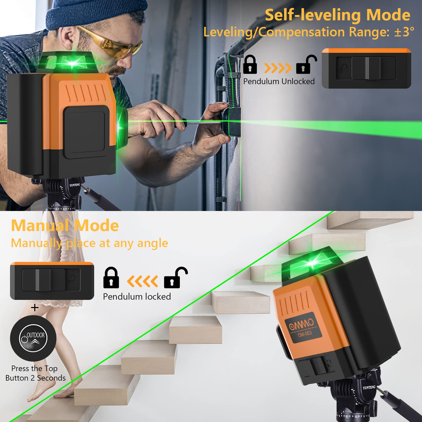 OMMO Laser Level, 8 Lines Green Laser Level Self Leveling Tool, 150ft Line Laser Level Beam Tool with One 360° Vertical and One 360° Horizontal Lines, Magnetic Stand and USB Cable Included