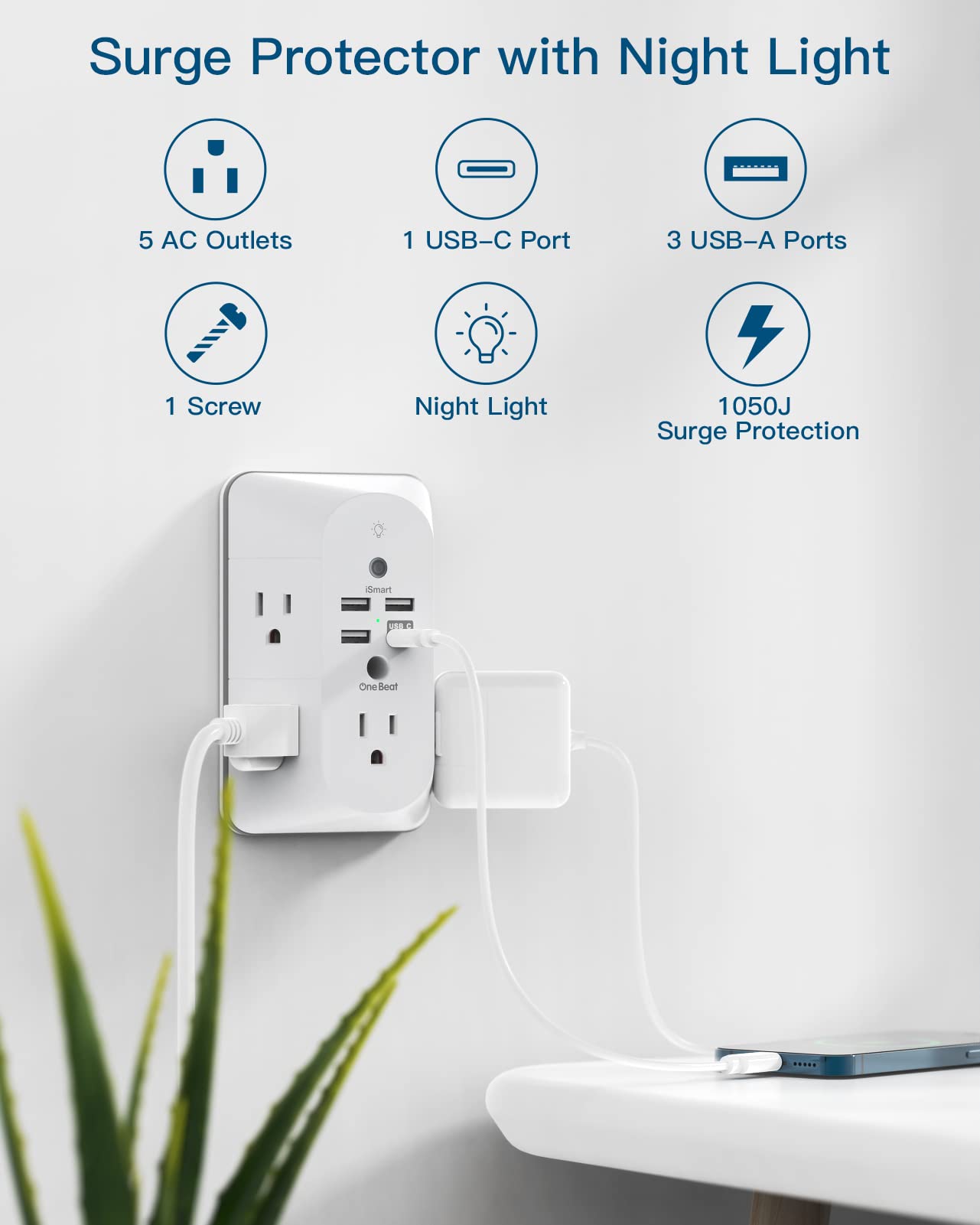 Outlet Extender with Night Light and Surge Protector with USB Bundle