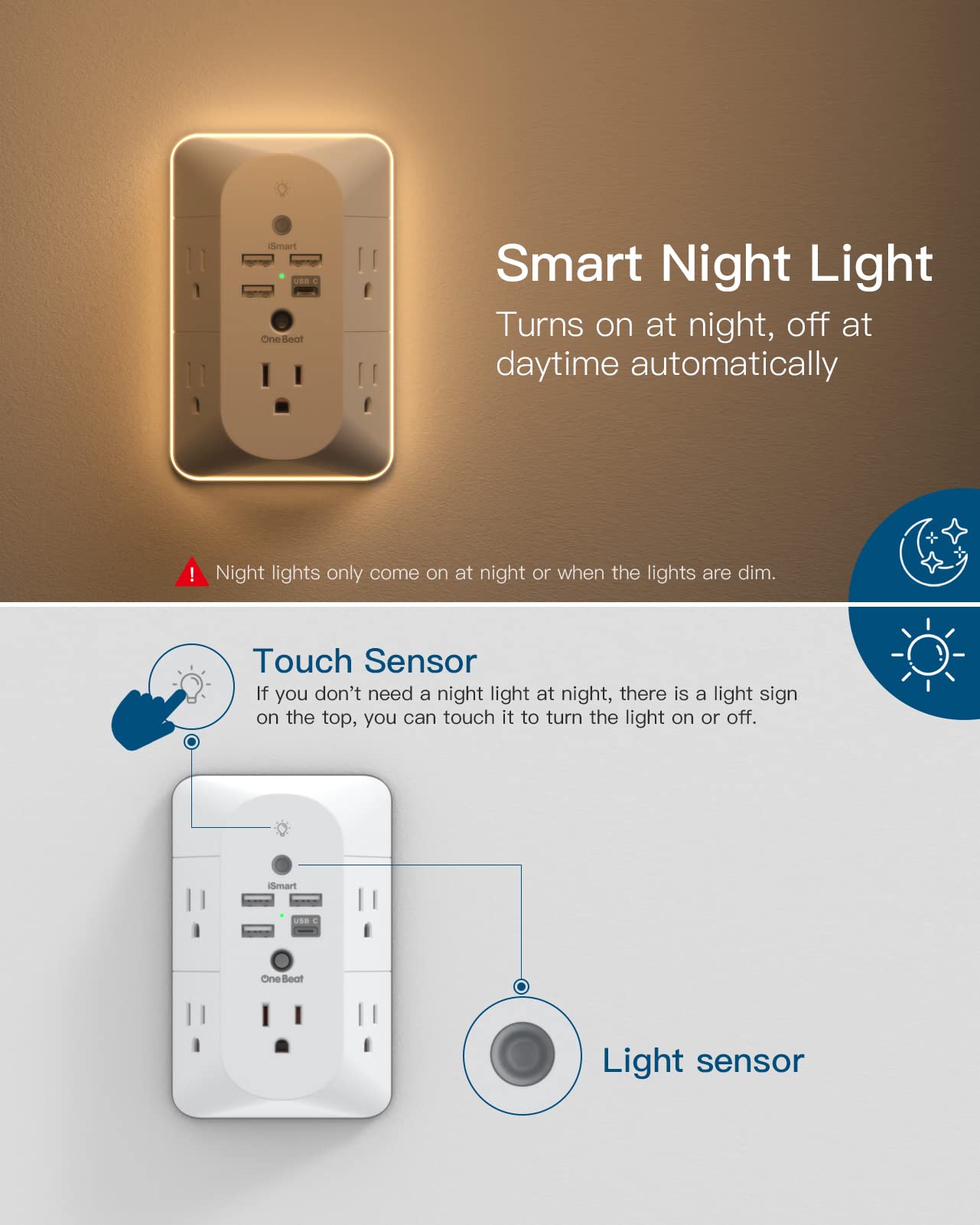 Outlet Extender with Night Light and Surge Protector with USB Bundle