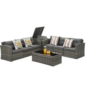 sunvivi outdoor 7-piece patio furniture set - stylish and durable outdoor couch sofa with velcros seat to lounge, dine, and entertain - grey wicker beige cushion