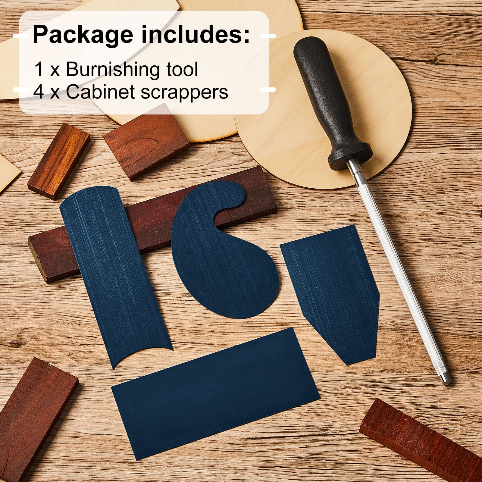 Cabinet Scraper Burnisher with 4 Piece Multi Shaped Scraper Set Manganese Steel Rectangle Curved Beveled Card Scraper Woodworking Carving Hand Cabinet Scraper Tool for Woodworking Project Kits