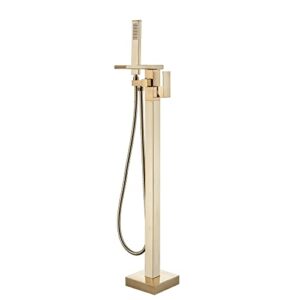 votamuta freestanding bathtub faucet brushed gold waterfall floor mount tub filler brass single handle bathroom tub faucets with hand shower mixer tap 360° swivel spout