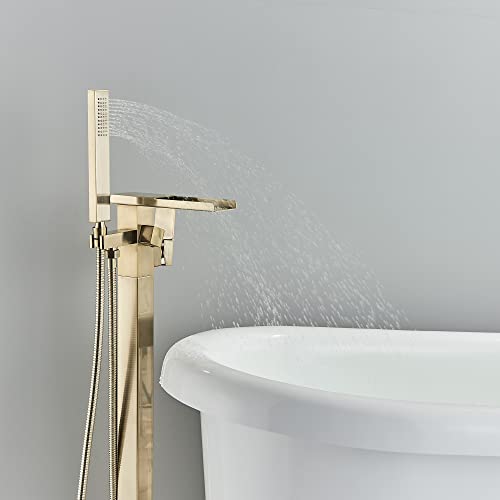 Votamuta Freestanding Bathtub Faucet Brushed Gold Waterfall Floor Mount Tub Filler Brass Single Handle Bathroom Tub Faucets with Hand Shower Mixer Tap 360° Swivel Spout