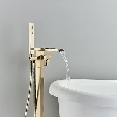 Votamuta Freestanding Bathtub Faucet Brushed Gold Waterfall Floor Mount Tub Filler Brass Single Handle Bathroom Tub Faucets with Hand Shower Mixer Tap 360° Swivel Spout