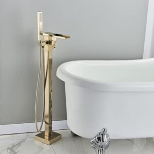 Votamuta Freestanding Bathtub Faucet Brushed Gold Waterfall Floor Mount Tub Filler Brass Single Handle Bathroom Tub Faucets with Hand Shower Mixer Tap 360° Swivel Spout