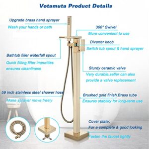 Votamuta Freestanding Bathtub Faucet Brushed Gold Waterfall Floor Mount Tub Filler Brass Single Handle Bathroom Tub Faucets with Hand Shower Mixer Tap 360° Swivel Spout