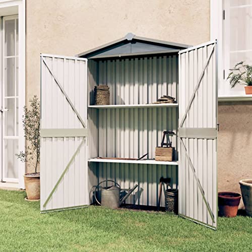 Tidyard Garden Shed with Storage Shelves and Vents Galvanized Steel Outdoor Tool Shed Pool Supplies Organizer Gray for Patio, Backyard, Lawn 42.3 x 18.1 x 72 Inches (W x D x H)