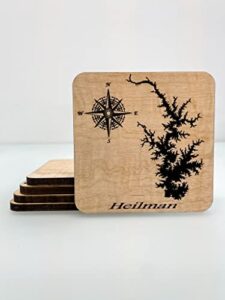 custom lake map square wood coasters - any lake! sets of 4, 6, 8- lake house décor laser engraved