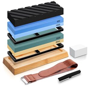 sharpening stone whetstone set, knife sharpening stone kit 4 side grit 400/1000 3000/8000, professional whetstone knife sharpener includes bamboo base, flattening stone, leather strop & angle guide