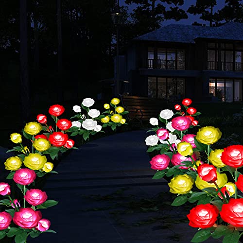 Calyla Outdoor Solar Lights Garden Stake Lights 7 Rose Flowers Path Solar Garden Lights Decorative Lights for Patio Yard Pathway Landscape Lighting (Red)