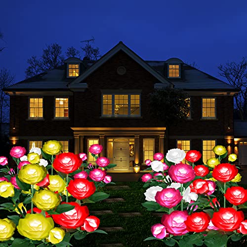 Calyla Outdoor Solar Lights Garden Stake Lights 7 Rose Flowers Path Solar Garden Lights Decorative Lights for Patio Yard Pathway Landscape Lighting (Red)