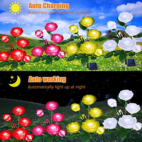 Calyla Outdoor Solar Lights Garden Stake Lights 7 Rose Flowers Path Solar Garden Lights Decorative Lights for Patio Yard Pathway Landscape Lighting (Red)