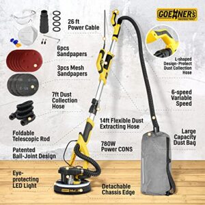 Drywall Sander, Electric Drywall Sander with Vacuum, 7 Variable Speed, 900-1800RPM, Labor-Saving Handle and Patented Fixture for Ceiling Sanding, LED Light, 14ft Dust Hose,26ft Power Cable,Storage Bag