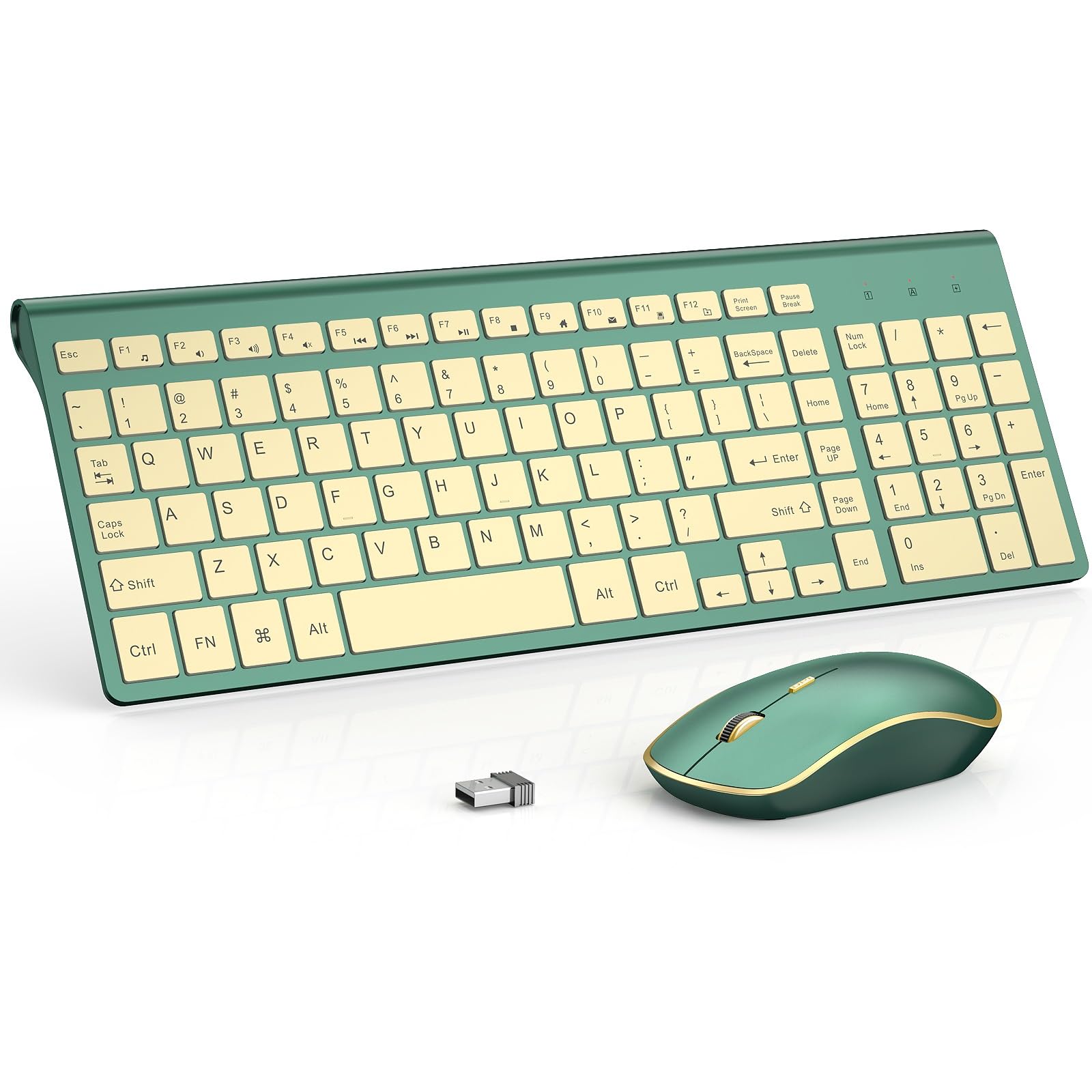 Wireless 2.4G Compact and Quiet Keyboard and Mouse Combo,Ergonomic and Portable Design for Computer, Windows,Desktop, PC, Laptop-Cangling Green