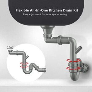 LOONGSHINET 1 1/2" All-In-One Sink Drain Kit for Single Kitchen Sink, Multi-function P Trap Pipe Adjustable for Wall Drain/Ground Drain with Durable Materials, Grey