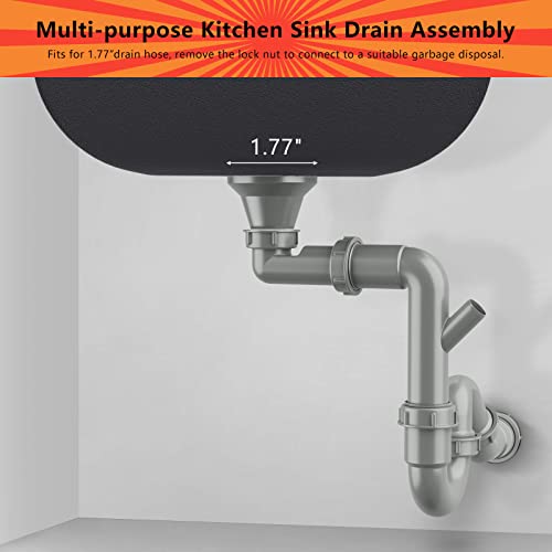 LOONGSHINET 1 1/2" All-In-One Sink Drain Kit for Single Kitchen Sink, Multi-function P Trap Pipe Adjustable for Wall Drain/Ground Drain with Durable Materials, Grey