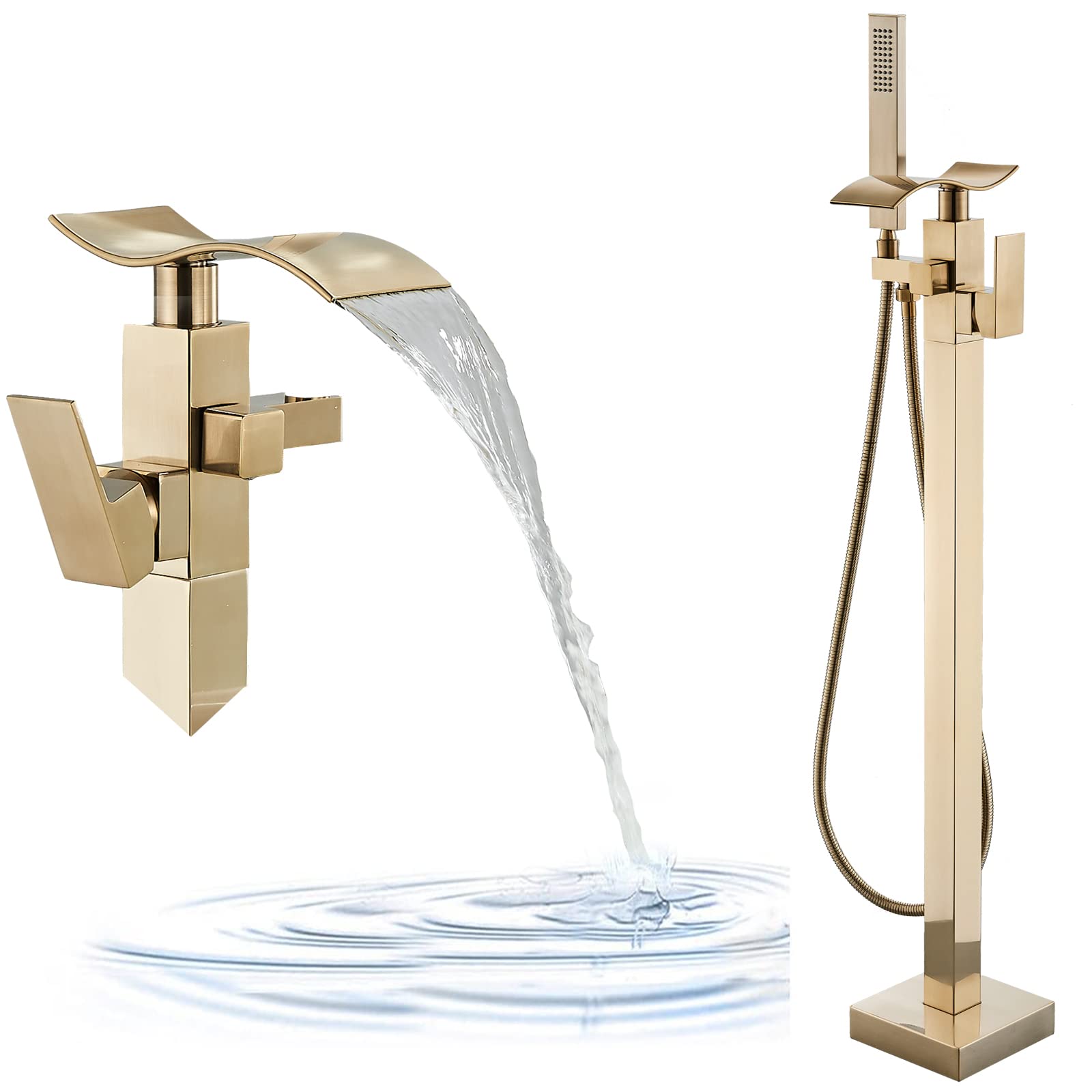 Gmusre Brushed Gold Floor Mounted Waterfall Tub Filler Freestanding Bathtub Faucet Brass Bathroom Single Handle with Shower Hand Spray and 360 Degree Swivel Spout