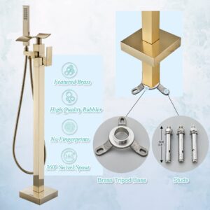 Gmusre Brushed Gold Floor Mounted Waterfall Tub Filler Freestanding Bathtub Faucet Brass Bathroom Single Handle with Shower Hand Spray and 360 Degree Swivel Spout