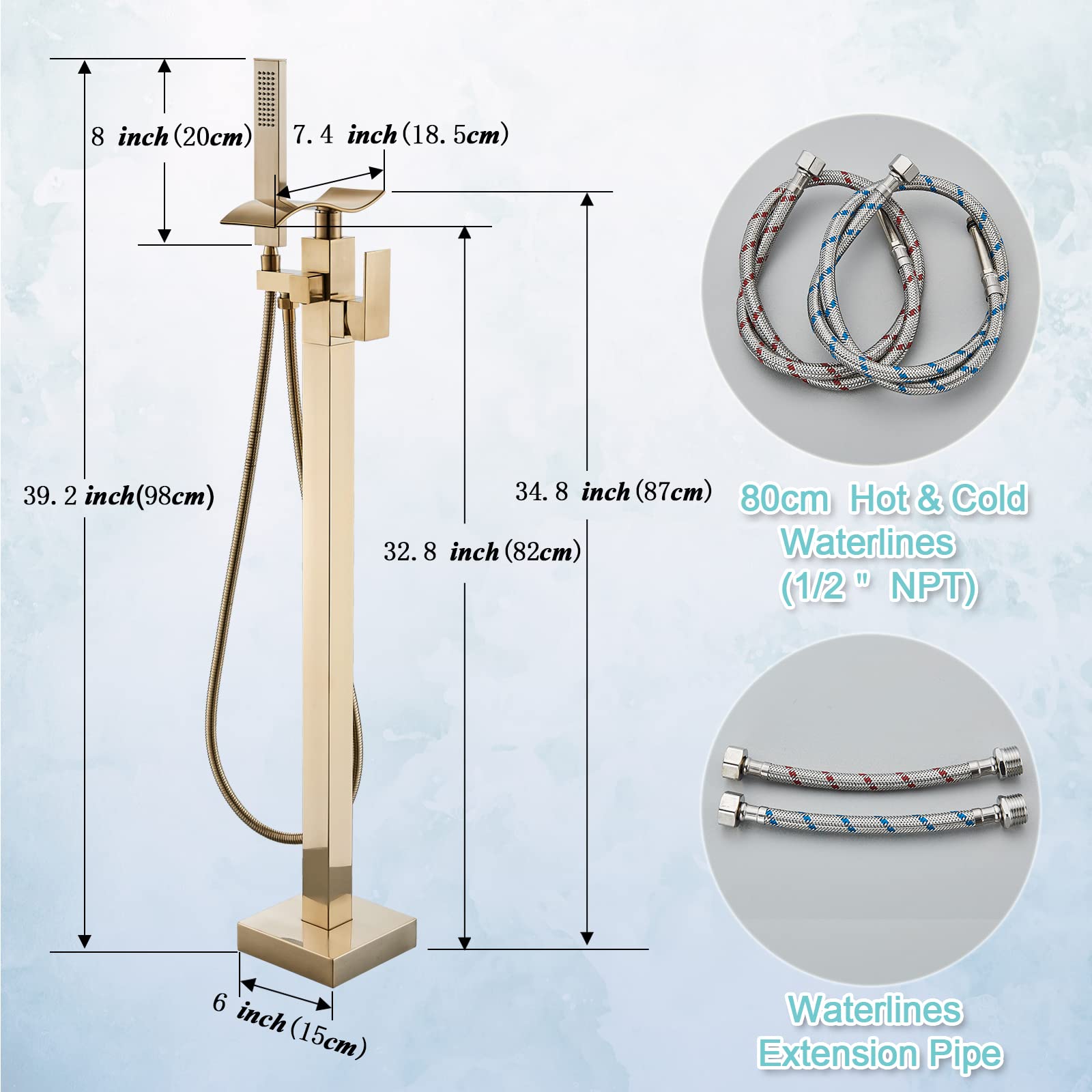 Gmusre Brushed Gold Floor Mounted Waterfall Tub Filler Freestanding Bathtub Faucet Brass Bathroom Single Handle with Shower Hand Spray and 360 Degree Swivel Spout