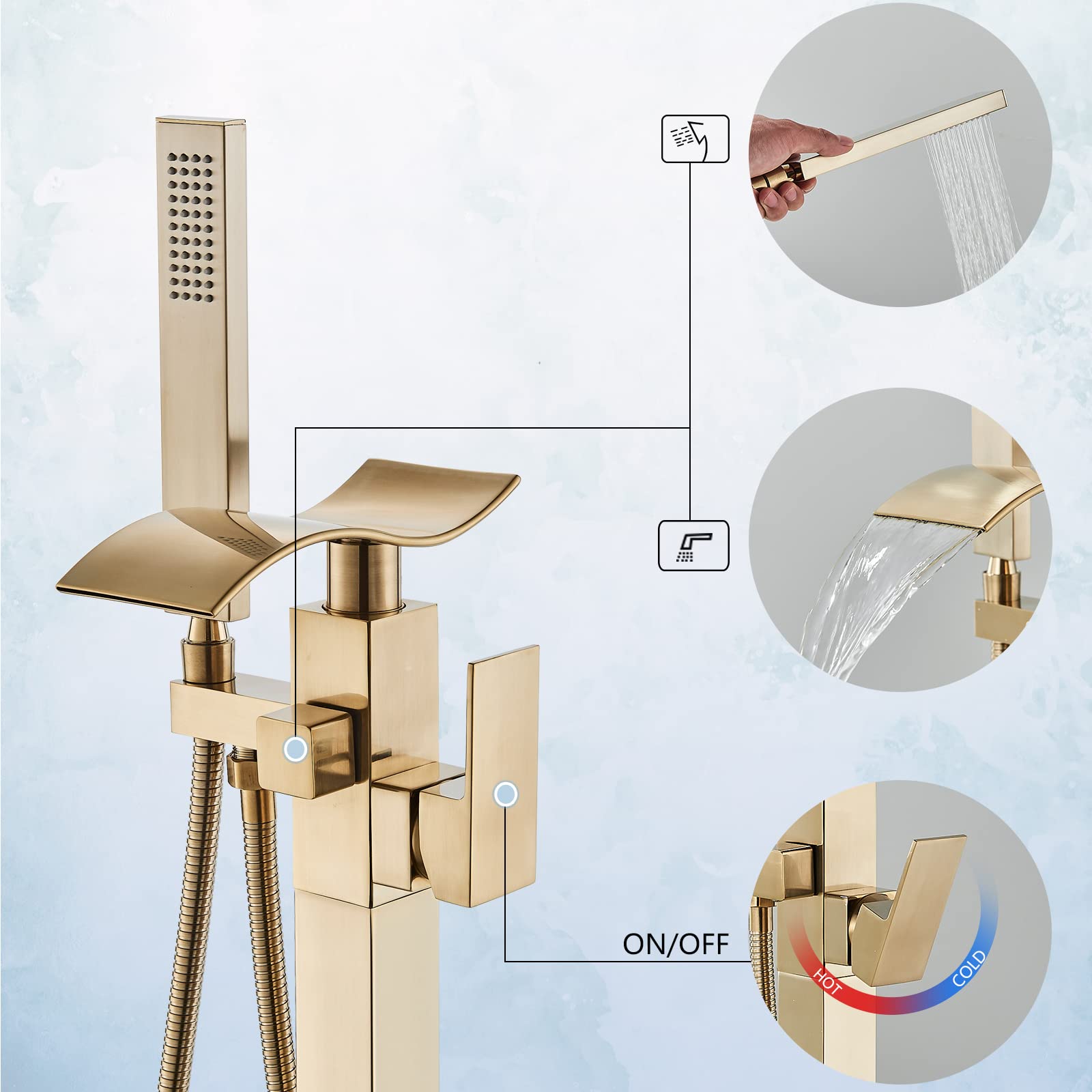 Gmusre Brushed Gold Floor Mounted Waterfall Tub Filler Freestanding Bathtub Faucet Brass Bathroom Single Handle with Shower Hand Spray and 360 Degree Swivel Spout