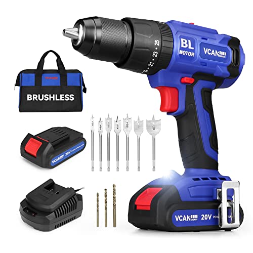 VCANENERGY 20V Cordless Hammer Drill,High Torque 530 In-lbs,1/2 Inch Power Hammer Drill Brushless,with Battery and Charger,Tool Bag,25+3 Torque Settings, 2 Variable Speeds