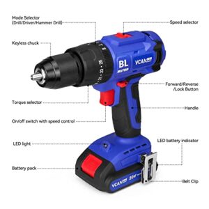 VCANENERGY 20V Cordless Hammer Drill,High Torque 530 In-lbs,1/2 Inch Power Hammer Drill Brushless,with Battery and Charger,Tool Bag,25+3 Torque Settings, 2 Variable Speeds