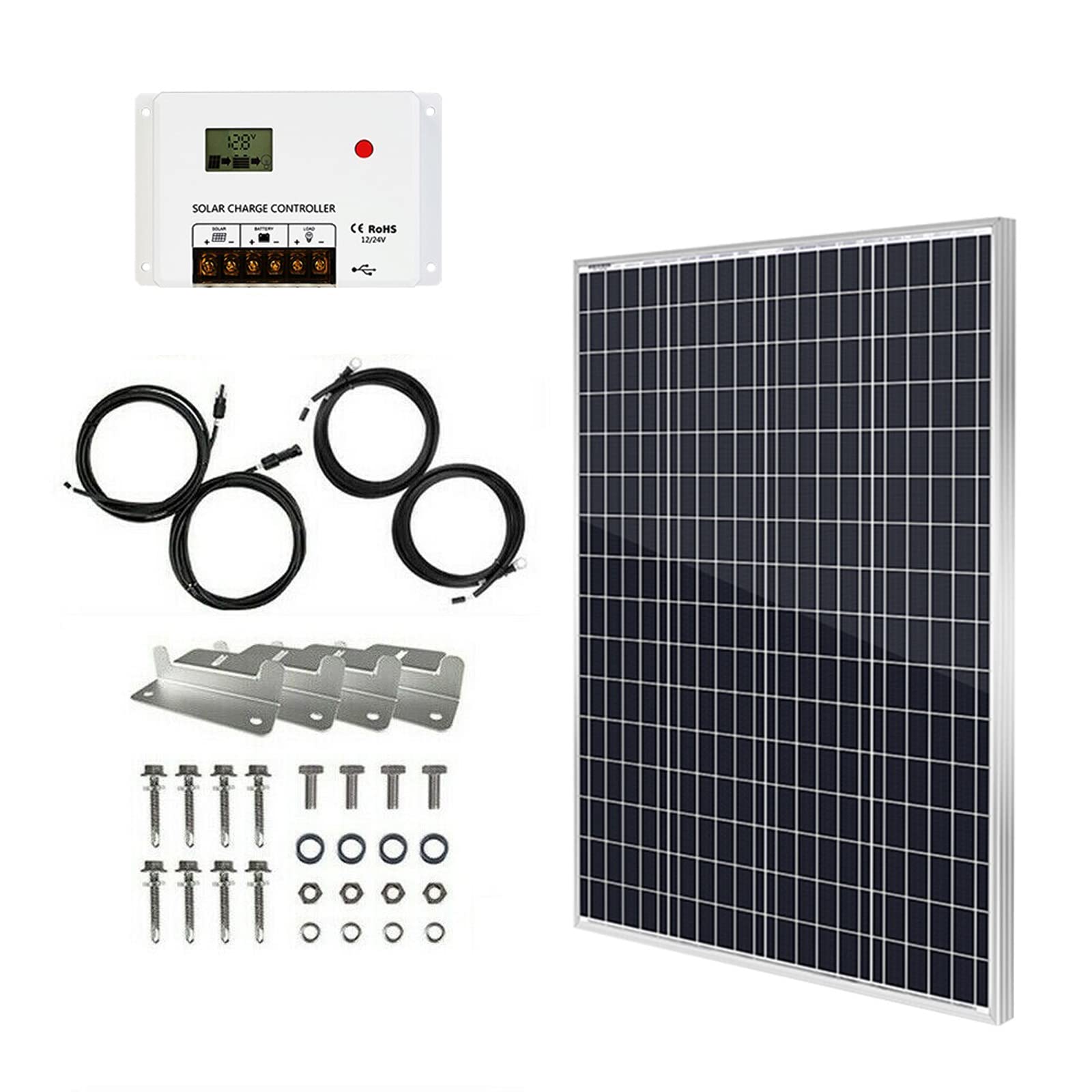 HQST 100W Solar Panel Kit, 100 Watt Monocrystalline Solar Panel + 30A PWM Charge Controller + Mounting Z Brackets + 20FT 12AWG Cable + 8Ft 10AWG Tray Cable for RV Marine Boat Off Grid System