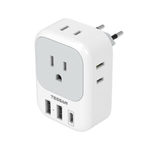 european travel plug adapter usb c, tessan international plug adapter with 4 ac outlets and 3 usb ports, type c power adaptor charger for us to most of europe iceland spain italy france germany