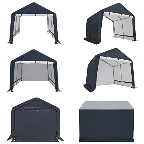 AsterOutdoor 10x10 ft Outdoor Storage Shelter with Rollup Zipper Door Portable Garage Kit Tent Waterproof and UV Resistant Carport Shed for Motorcycle Gardening Vehicle ATV and Car, Dark Gray